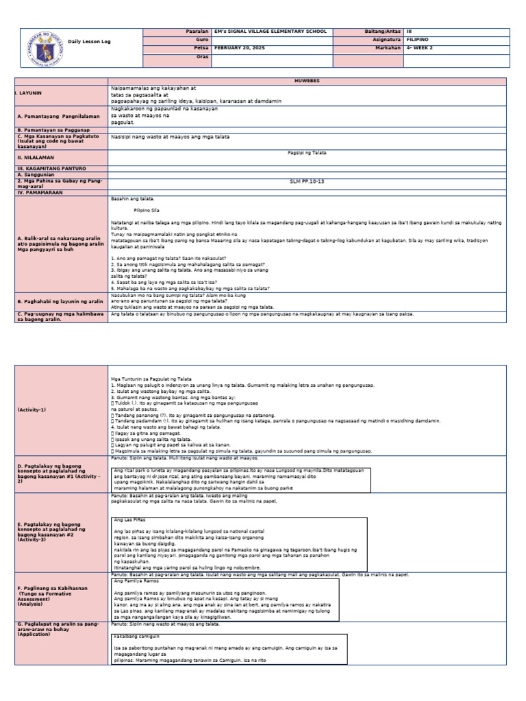 Q4-Fil3 Wk2-Huwebes | PDF