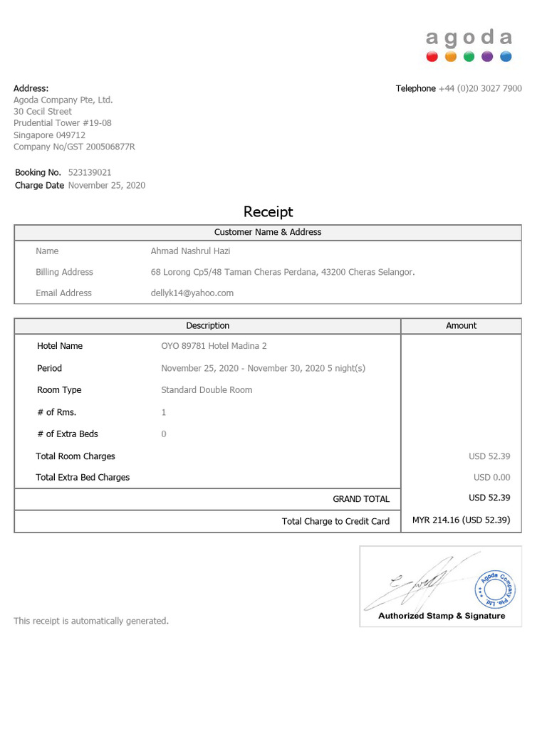 Agoda Hotel Booking Receipt | PDF