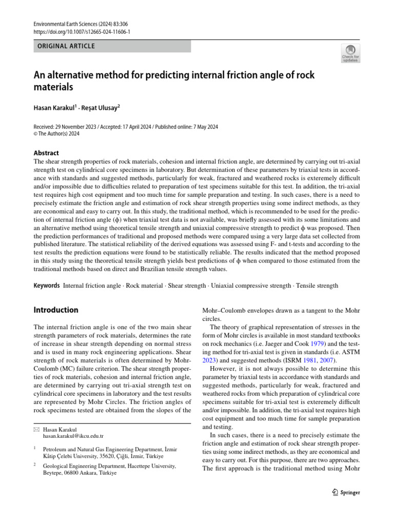 An Alternative Method For Predicting Internal Friction Angle of Rock Materials | PDF | Strength ...