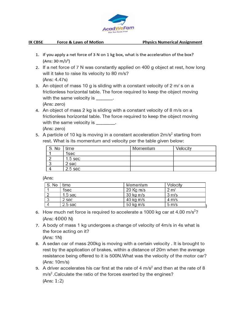 IX CBSE Phy Numerical Assignment Force and Laws of Motion | PDF ...
