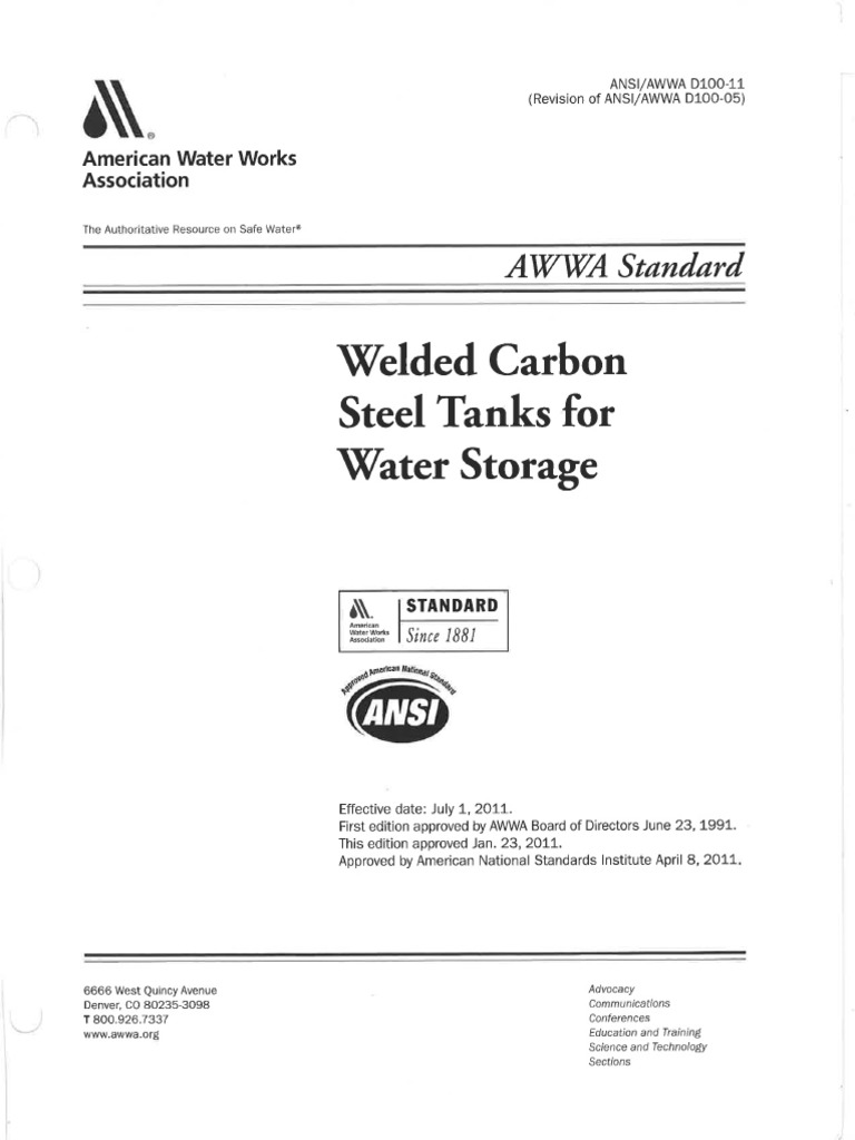 Pdfcoffee.com Awwa d100 11 Welded Carbon Steel Tanks for Water Storage ...