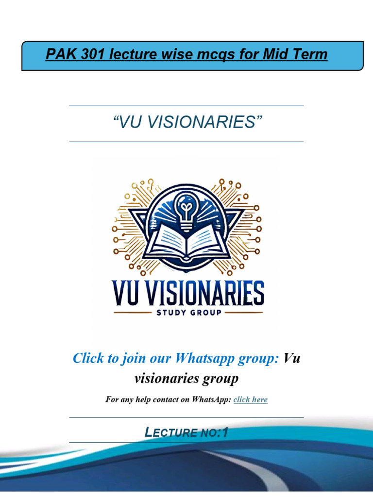 Pak301 Midterm Lecture Wise Mcqs by VU VISIONARIES | PDF | All India Muslim League | Muhammad ...