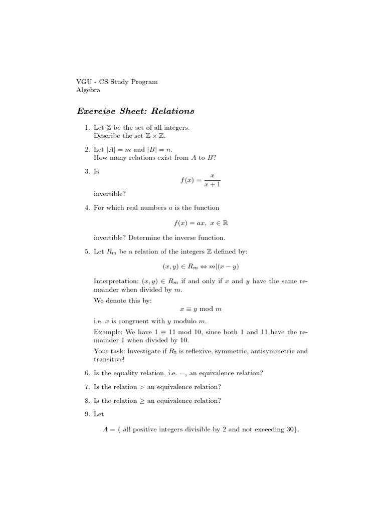 Discrete Mathematics - Relation Exercises | PDF | Algebra | Mathematics