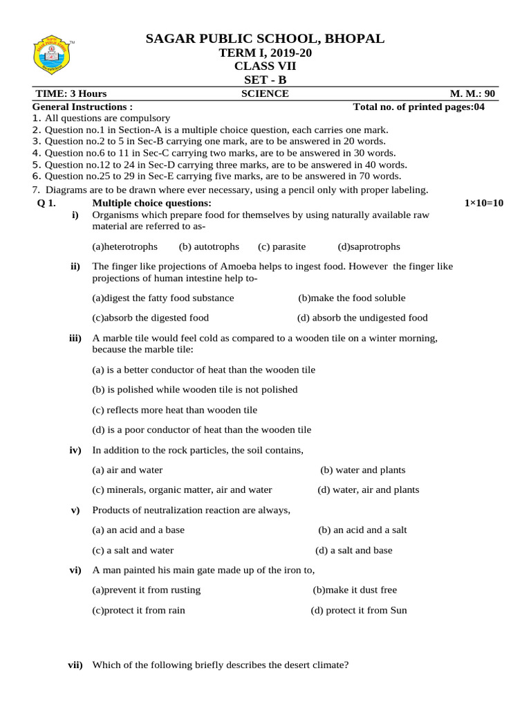 Class VII Science Exam Paper 2019-20 | PDF | Soil | Water