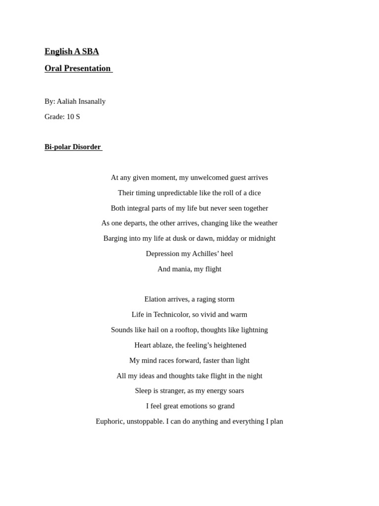 English A SBA Oral Presentation | PDF | Mania