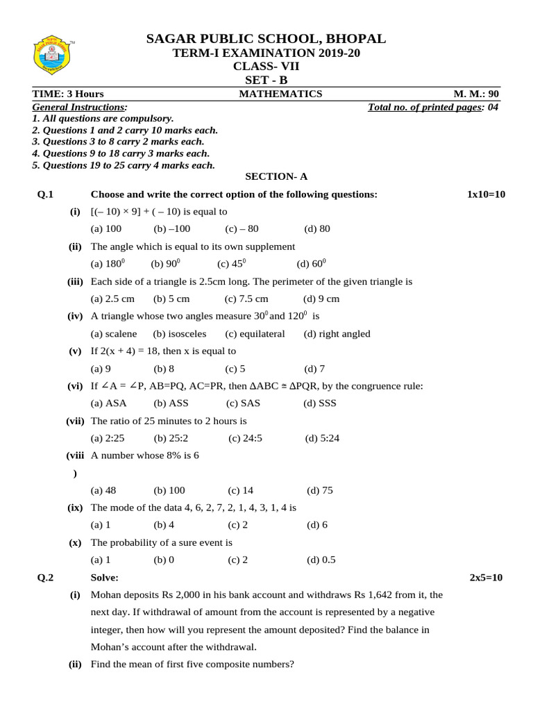 CLASS_VII_MATHS_T1_SET B 11 | PDF | Geometric Shapes | Euclidean Plane ...