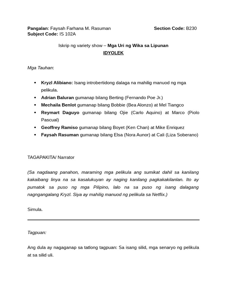 Iskrip NG Variety Show - Talaandig Group - Idyolek | PDF