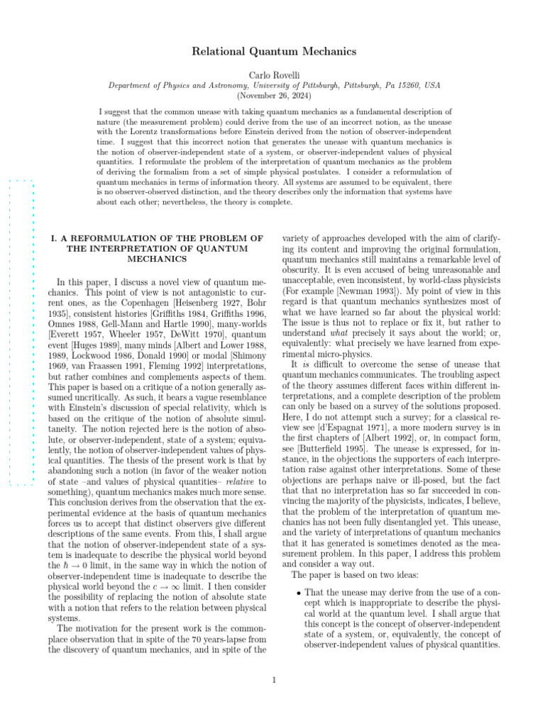 Relational Quantum Mechanics - Carlo Rovelli | PDF | Quantum Mechanics ...