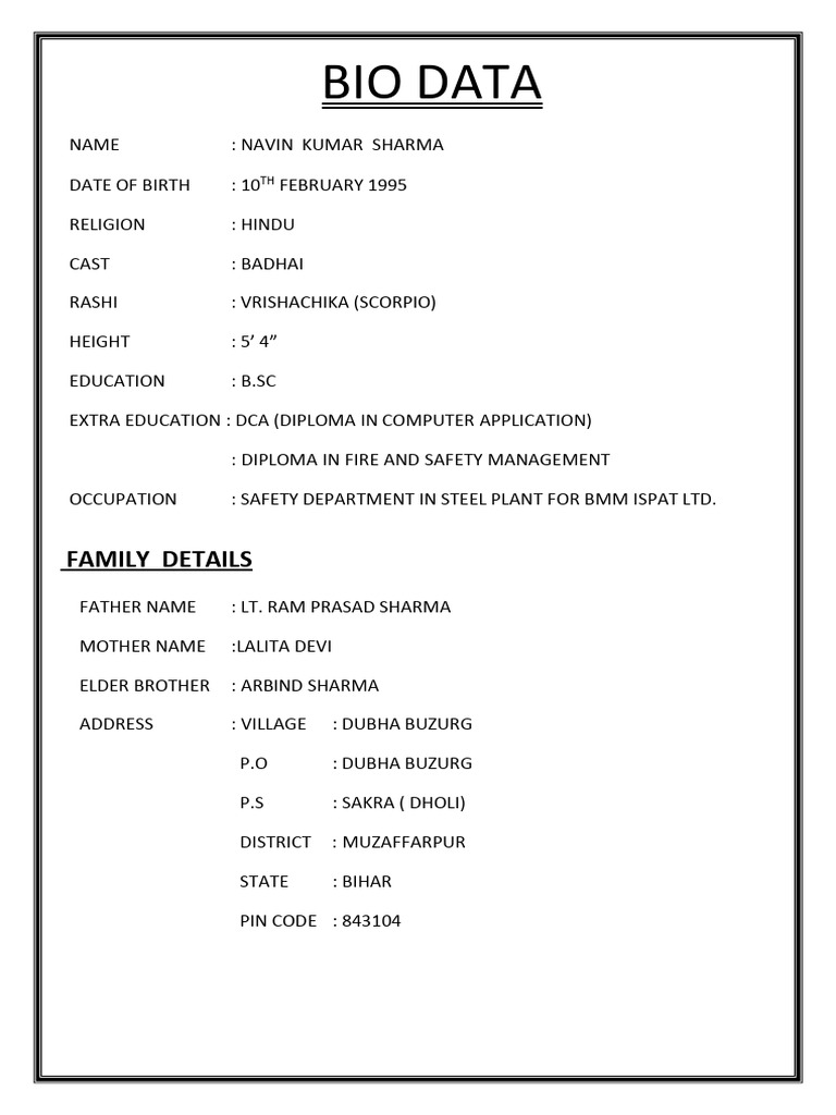 Navin Kumar Sharma Bio Data | PDF