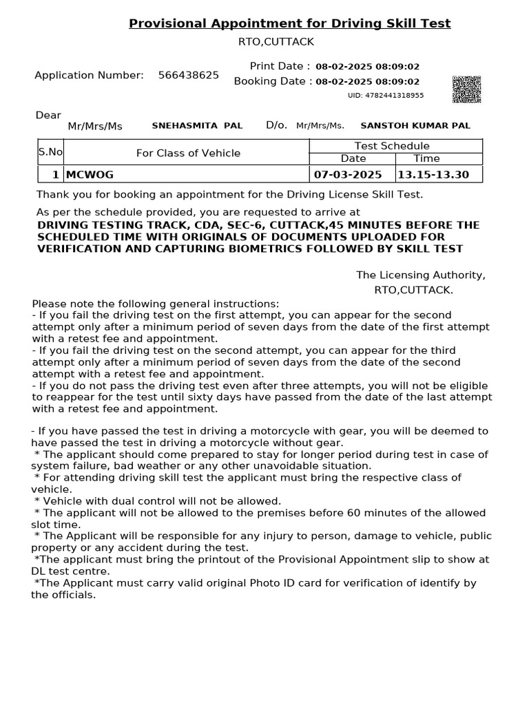 Driving Skill Test Appointment Details | PDF | Driver's License ...