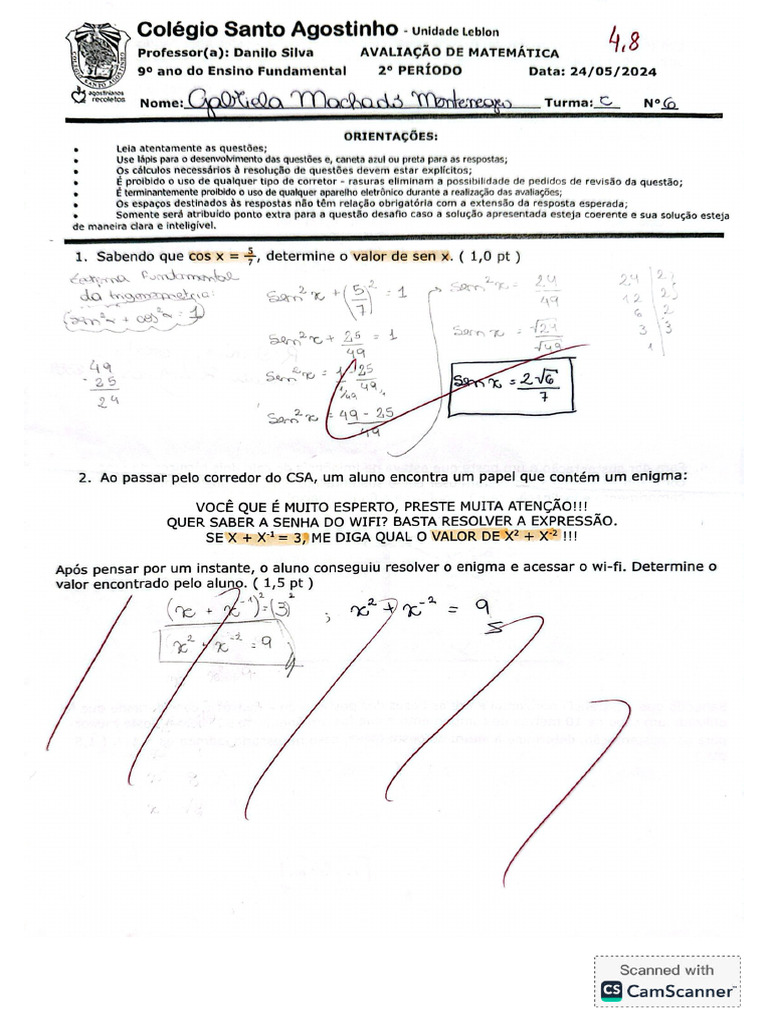 Matemática - 2024 - 2 Período - Prova 1 | PDF