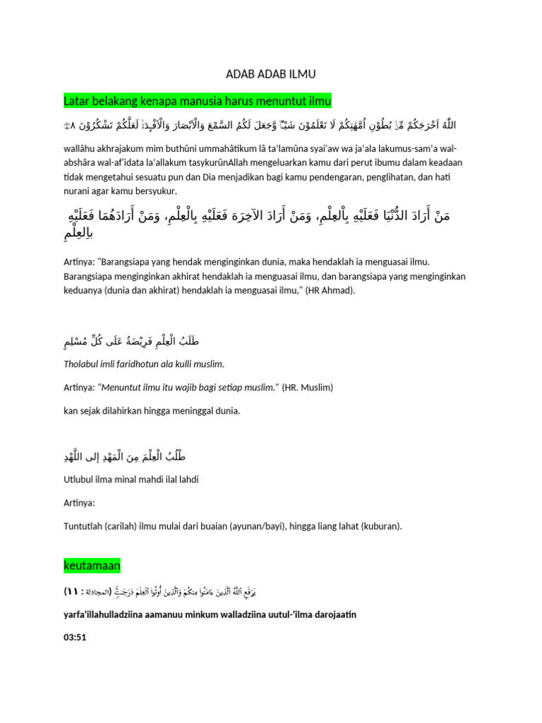 Adab Menuntut Ilmu dalam Islam | PDF