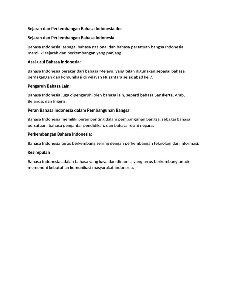 Sejarah Dan Perkembangan Bahasa Indonesia | PDF