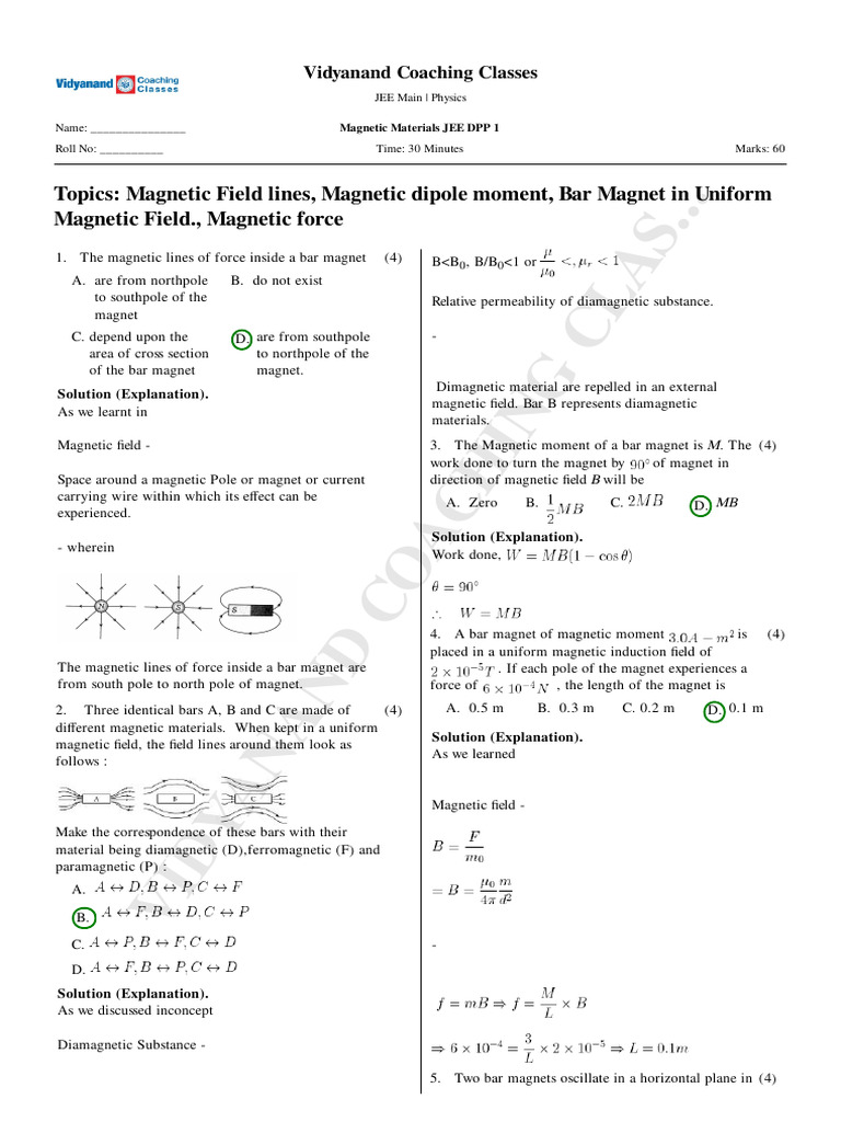 Magnetic Materials JEE DPP 1 Solution Sheet | PDF | Magnetic Field | Magnet