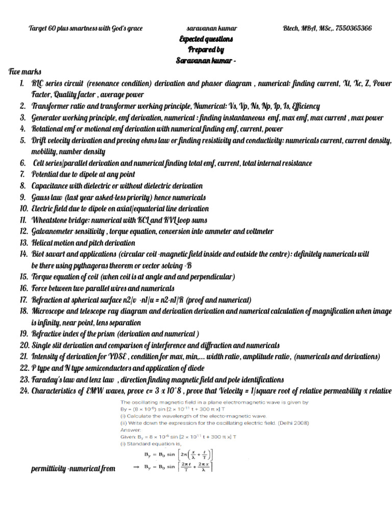 Physics Class 12 Important Questions Just Predictions | PDF | Inductance | Capacitor