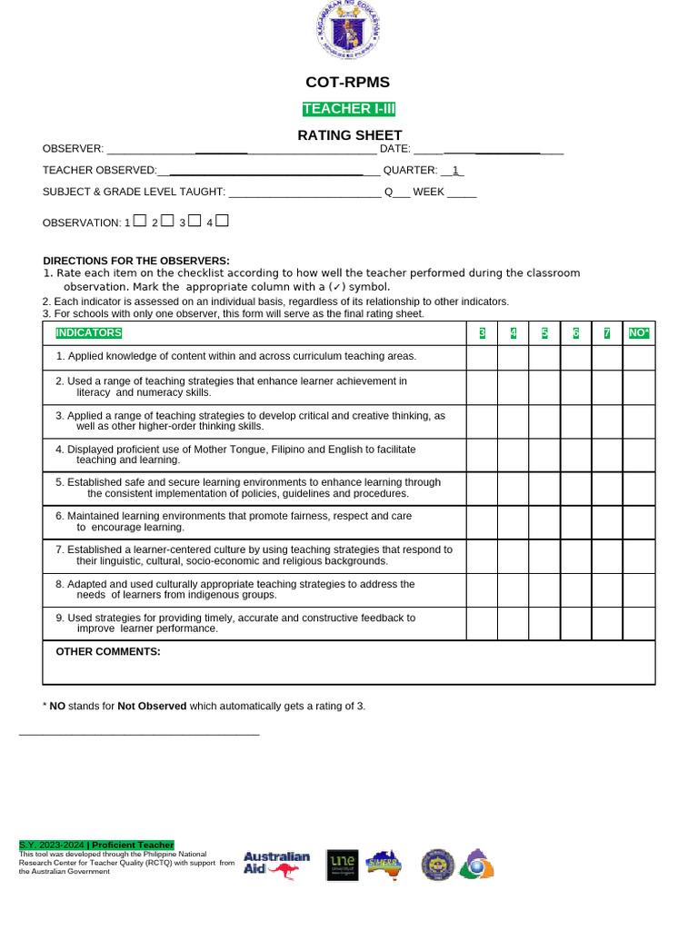 (Appendix C-03) COT-RPMS Rating Sheet For T I-III For SY 2023-2024 ...
