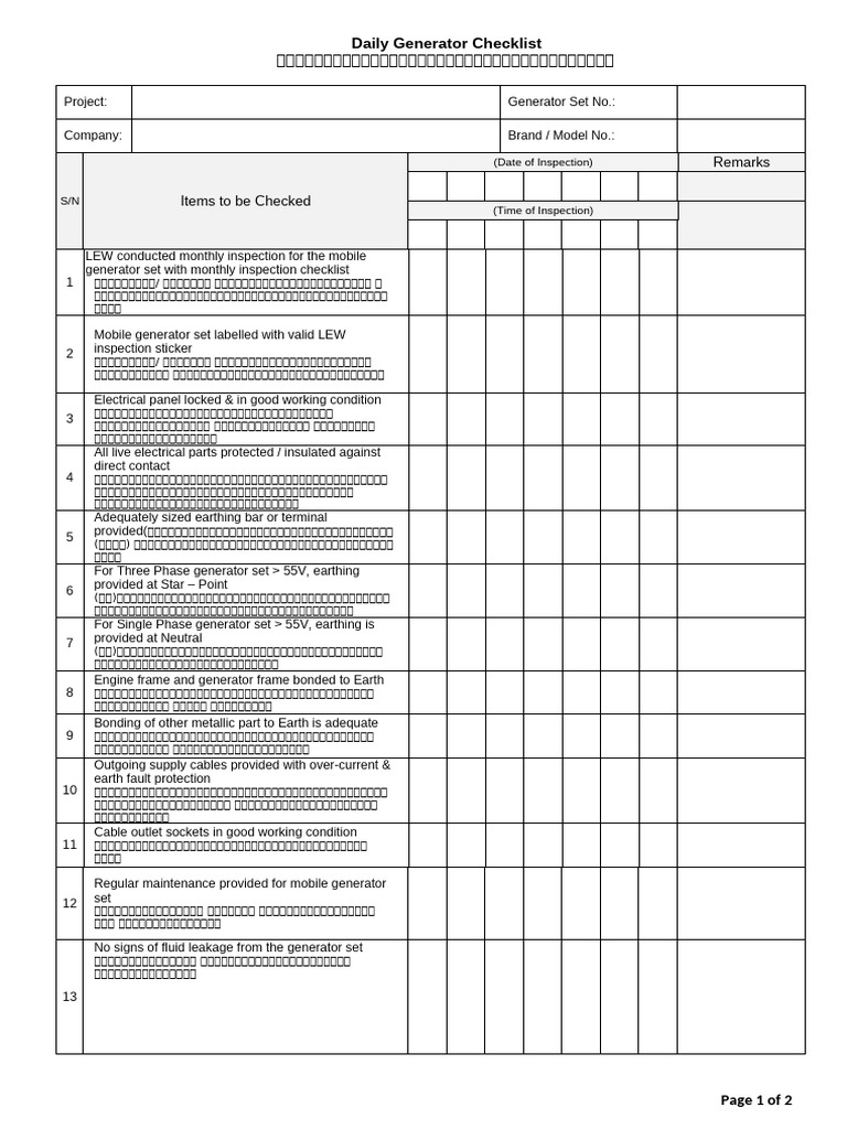 Mobile Generator Set Checklist | PDF