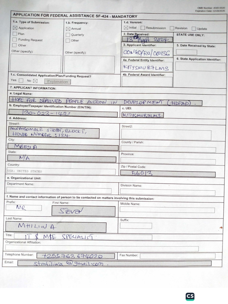 SF-424 (Application for Federal Assistance – organizations) | PDF