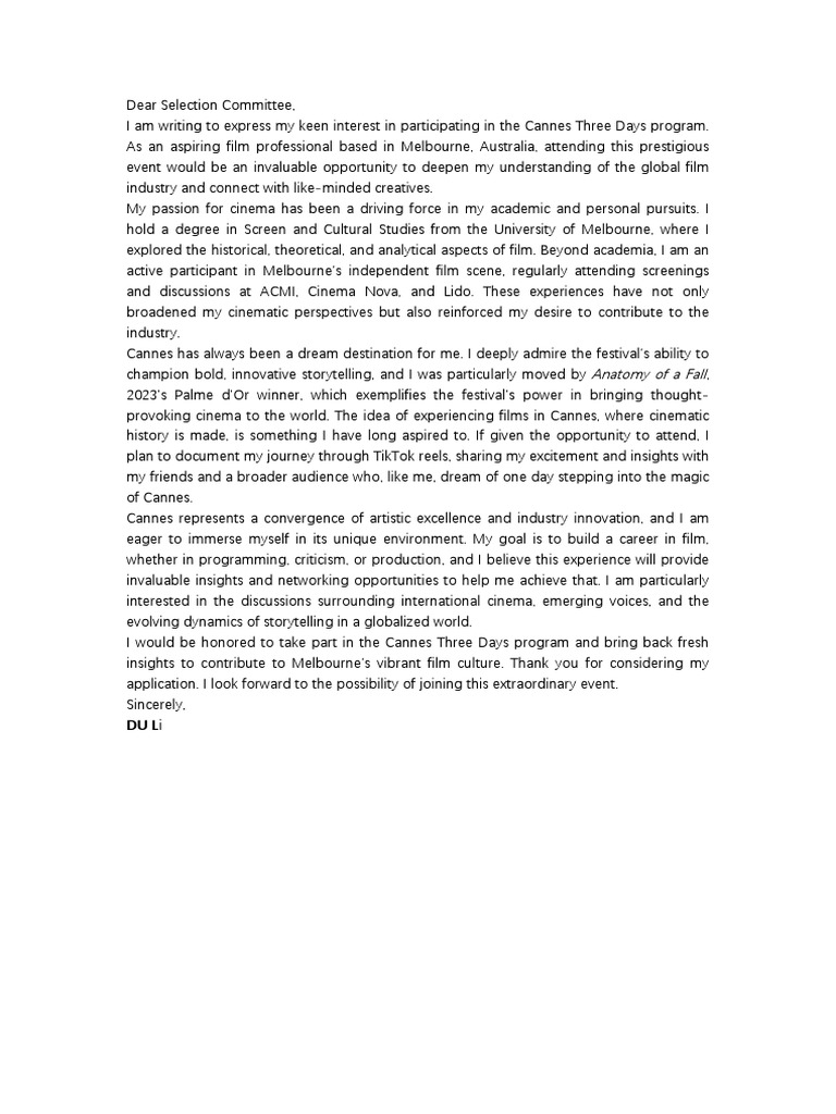 Du Li's Motivation Letter in Cannes | PDF