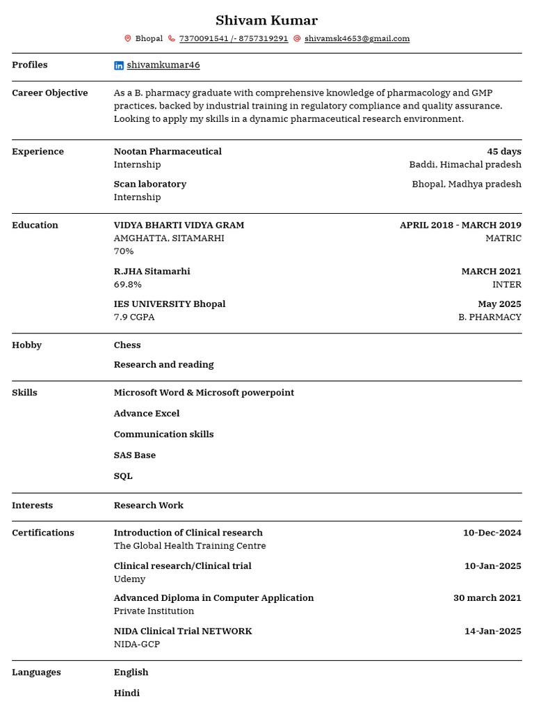 Shivam Kumar: B. Pharmacy Graduate Resume | PDF