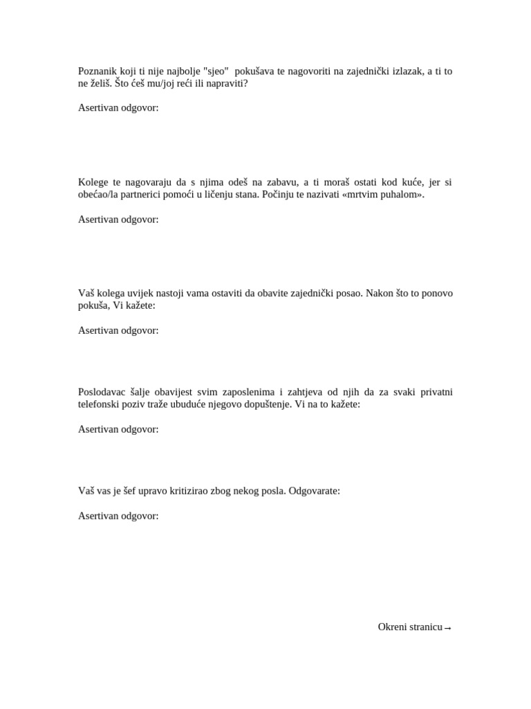 Asertivnost-JA Poruke Vježba | PDF