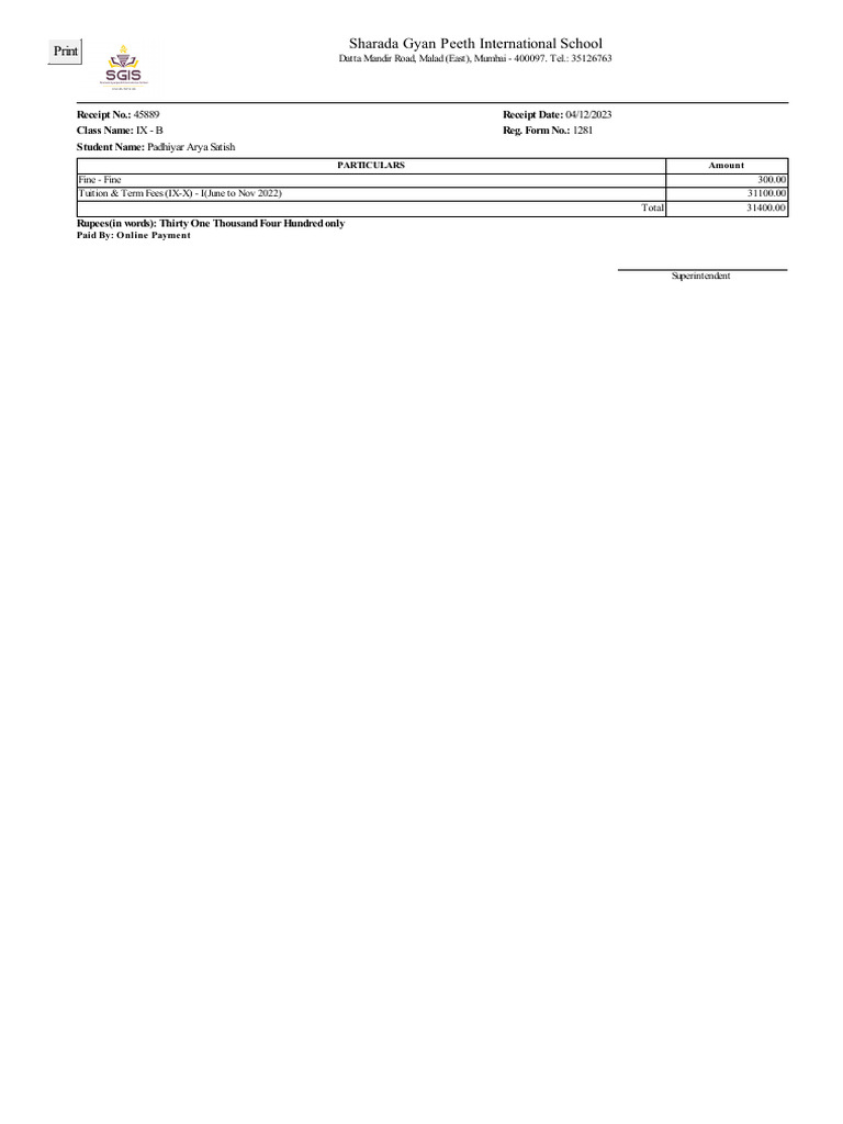 Print: Sharada Gyan Peeth International School | PDF