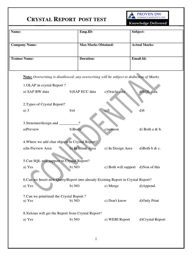 Crystal Reports Certification Test | PDF | Sql | Information Technology