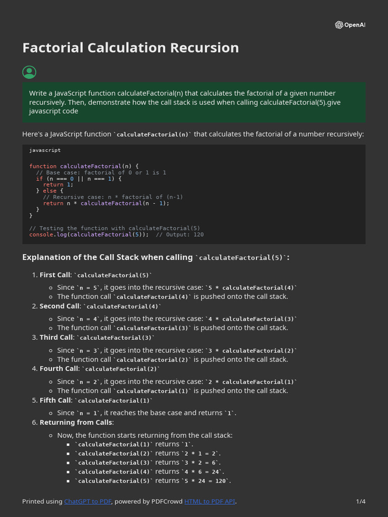 Factorial Calculation Recursion | PDF | Java Script | Computer Engineering
