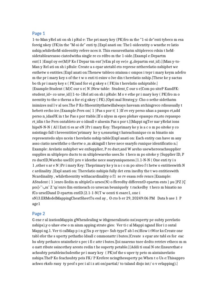 ER Model Mapping Cheat Sheet | PDF