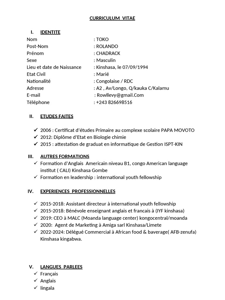 CV de Chadrack Toko - Expériences et Formations | PDF