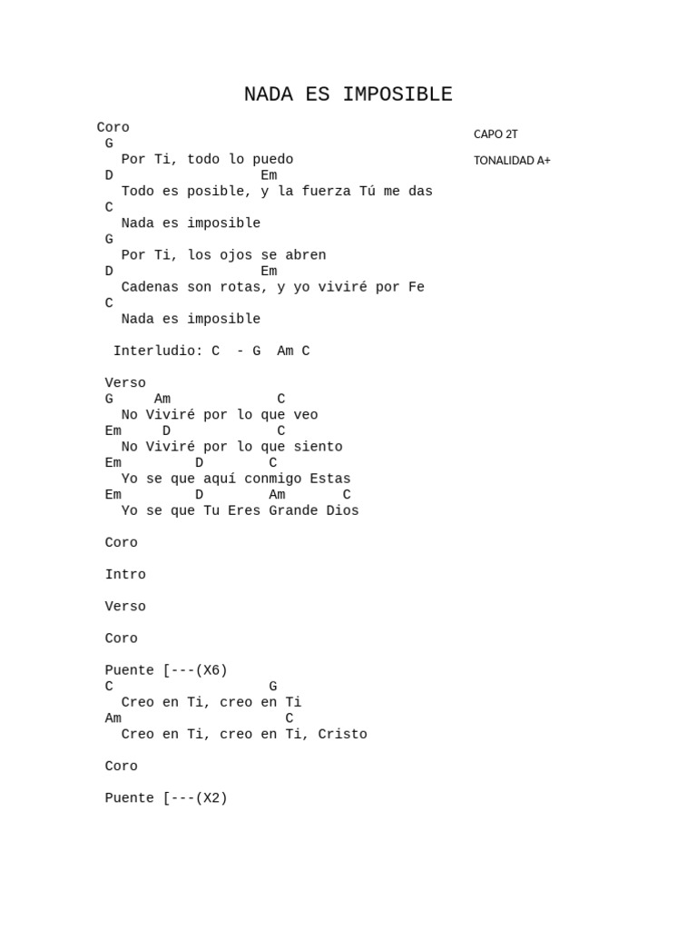 Nada es Imposible: Letra y Acordes | PDF
