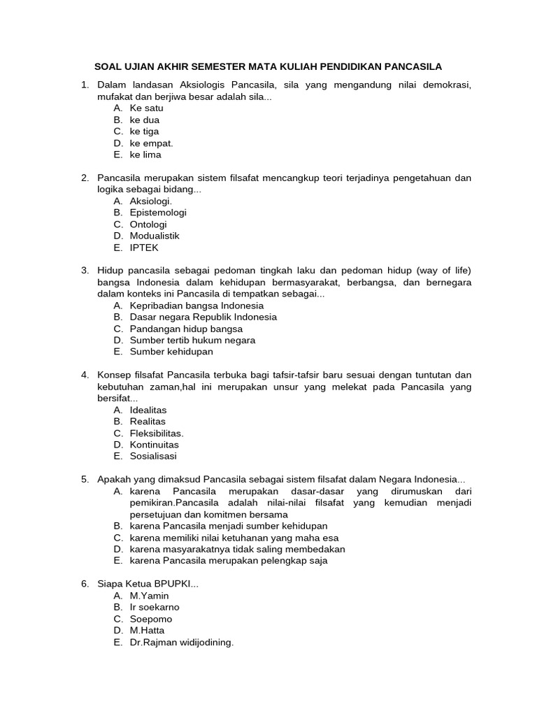 soal uas pancasila ts | PDF