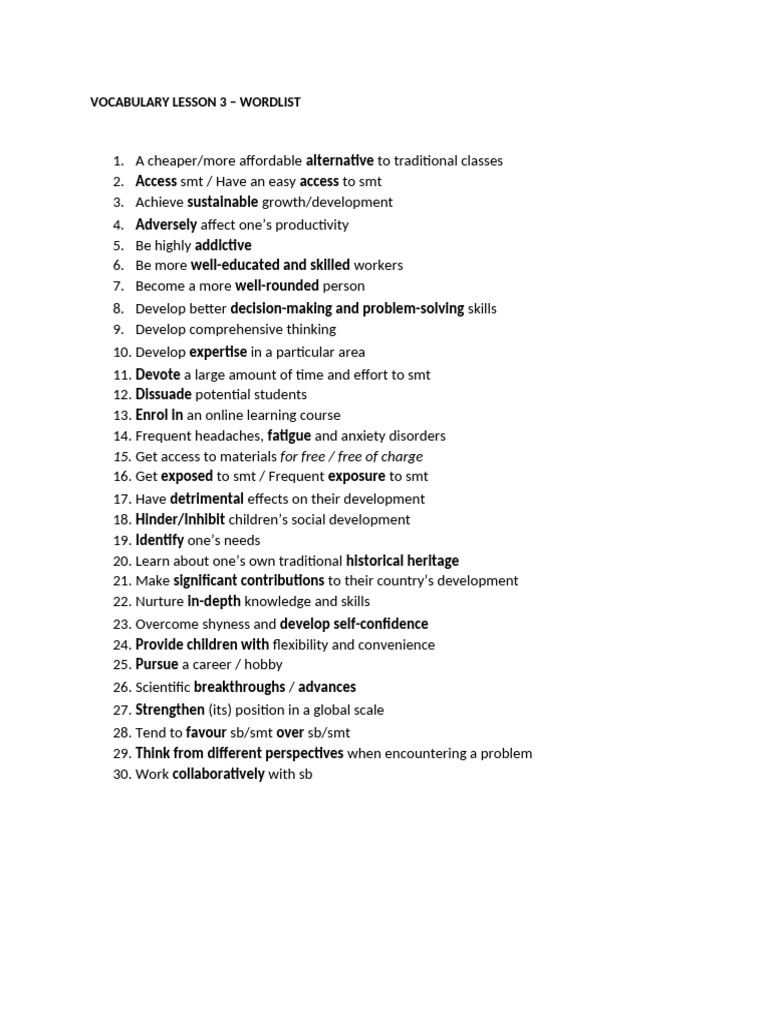 Vocabulary Lesson 3 - Wordlist | PDF