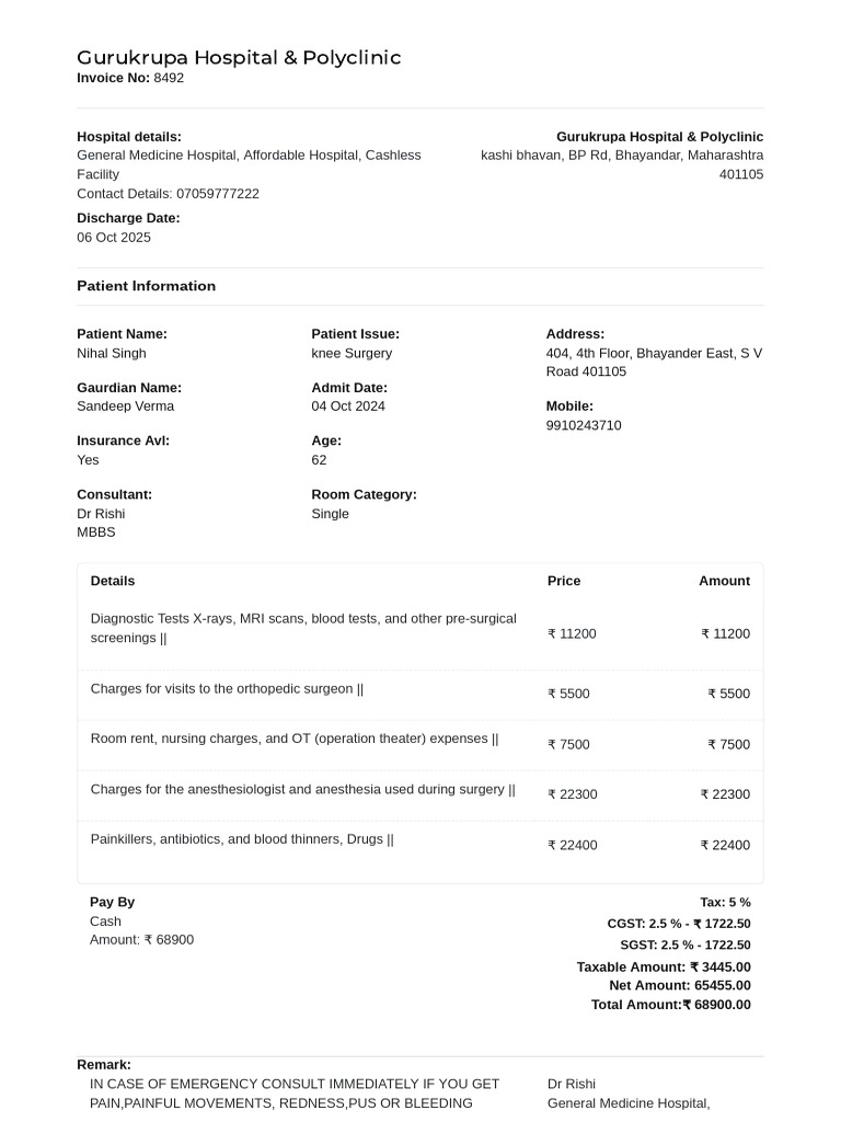Surgical Bill for Knee Surgery | PDF | Hospital | Surgery