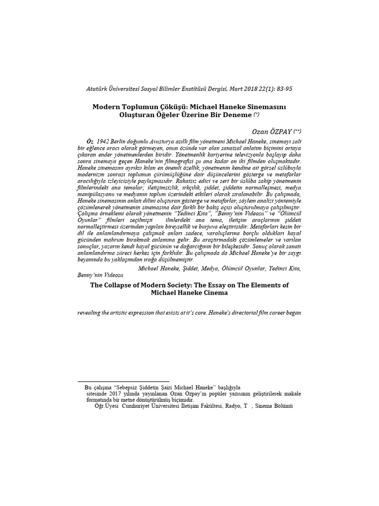 Modern Toplumun K Michael Haneke Sinemas N Olu Turan Eler Zerine Bir Deneme (#386423) - 455567 | PDF