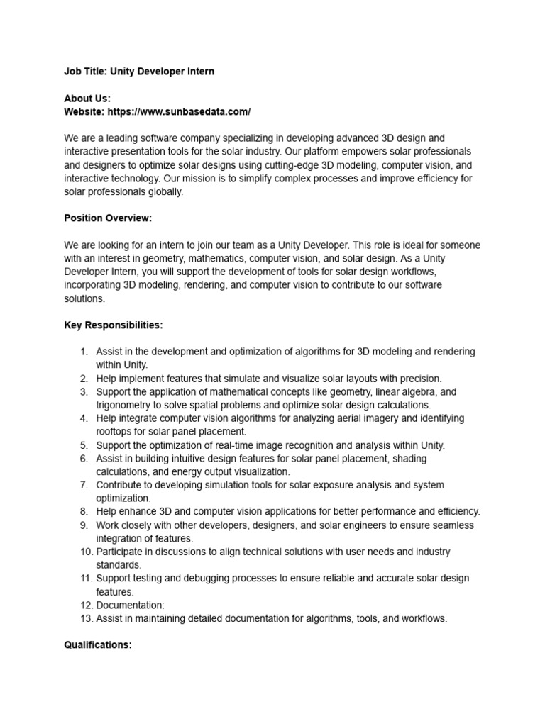 JD Unity Developer Intern | PDF | Computer Vision | 3 D Computer Graphics