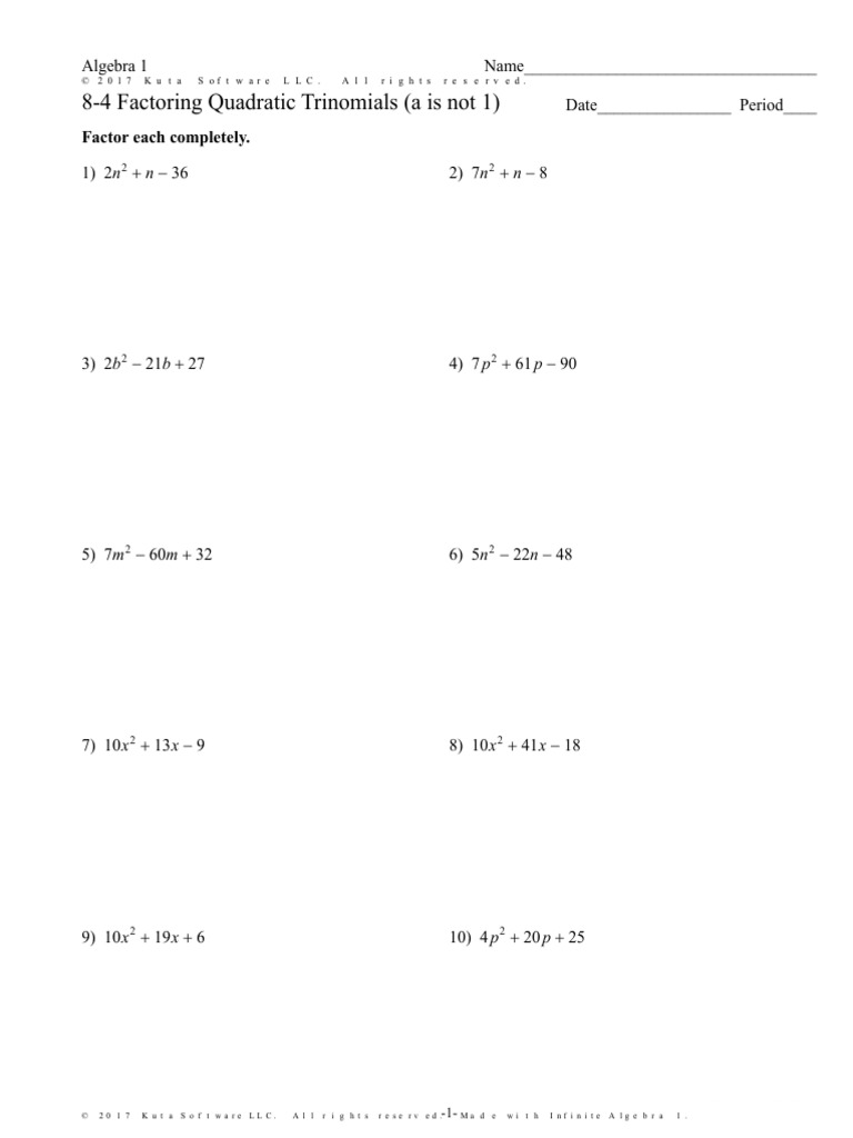 Factoring Quadratic Trinomials Worksheet | PDF