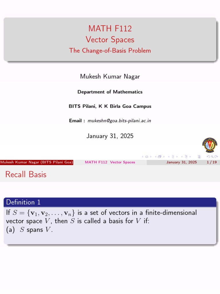 Lec 11 The Change of Basis Problem | PDF | Basis (Linear Algebra) | Vector Space