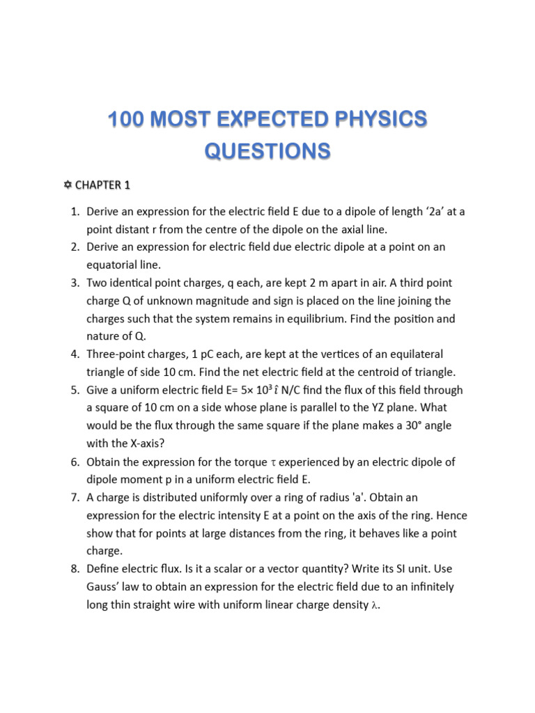 100 Most Expected Physics Questions | PDF | Diffraction | Capacitor