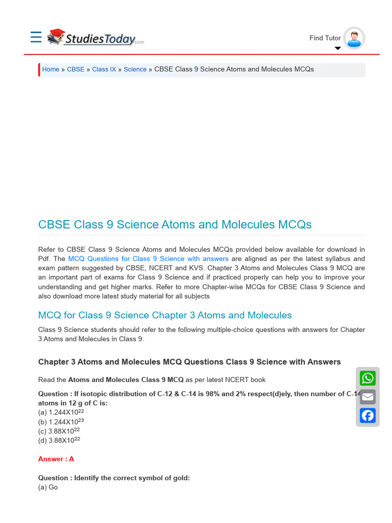 WWW Studiestoday Com MCQ Chemistry Cbse Class 10 | PDF | Atoms | Molecules