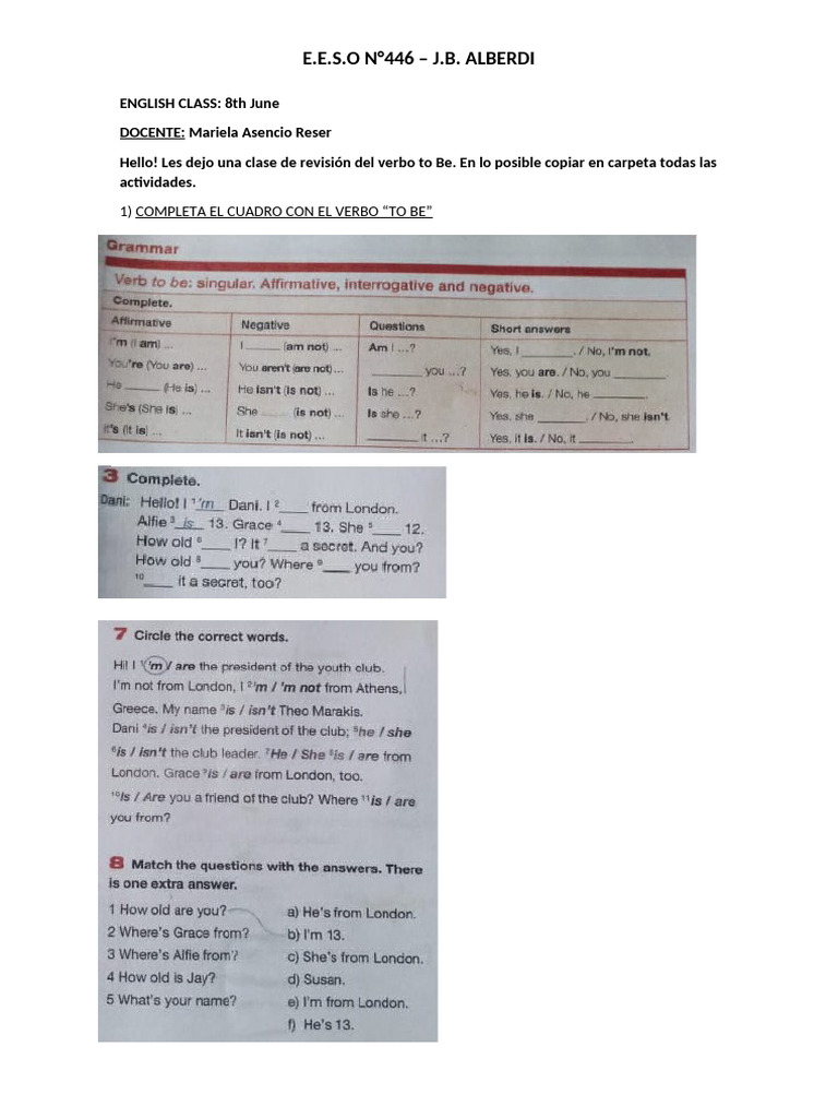 ENGLISH CLASS- 2do 6ta (Verb to Be) | PDF