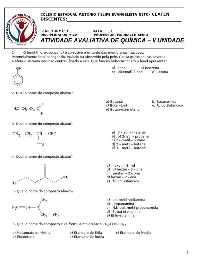 Atividade Avaliativa - 3º Ano - II UNIDADE | PDF | Éster | Aldeído