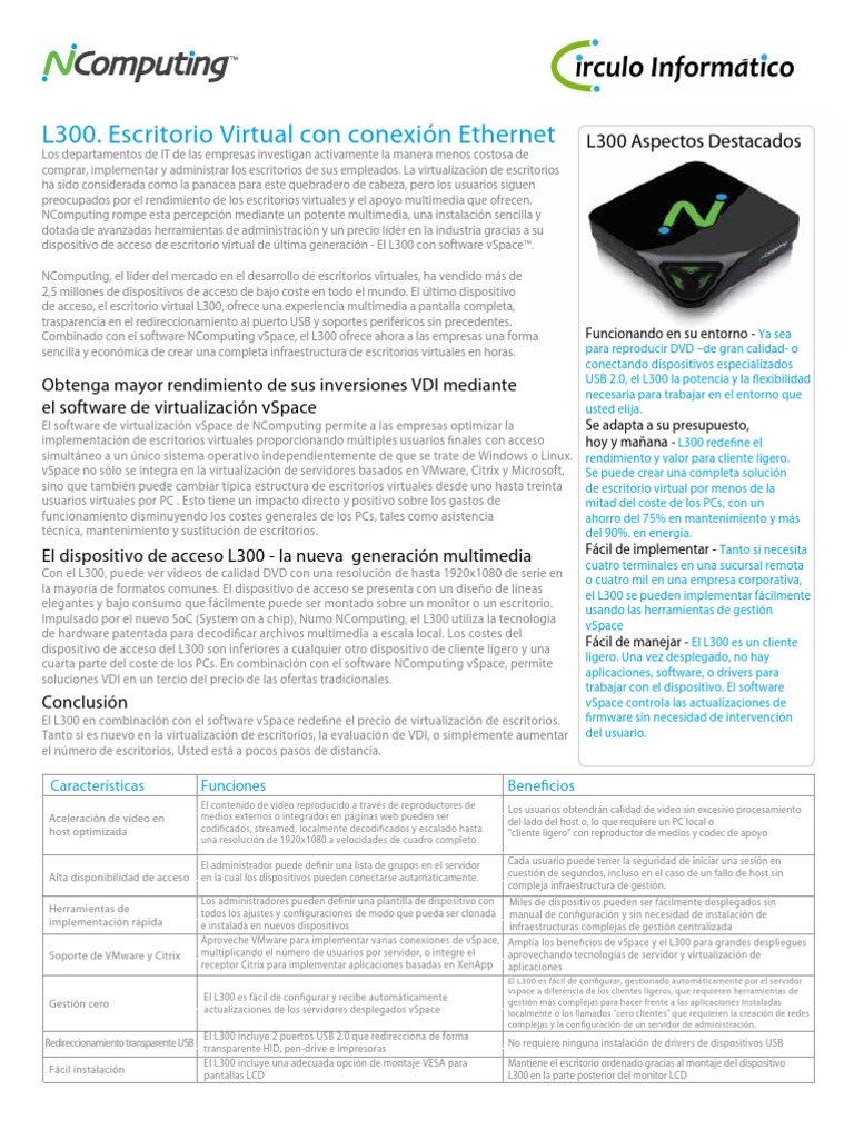 Ncomputing l300 Esp | PDF | Virtualización de escritorio | V Mware
