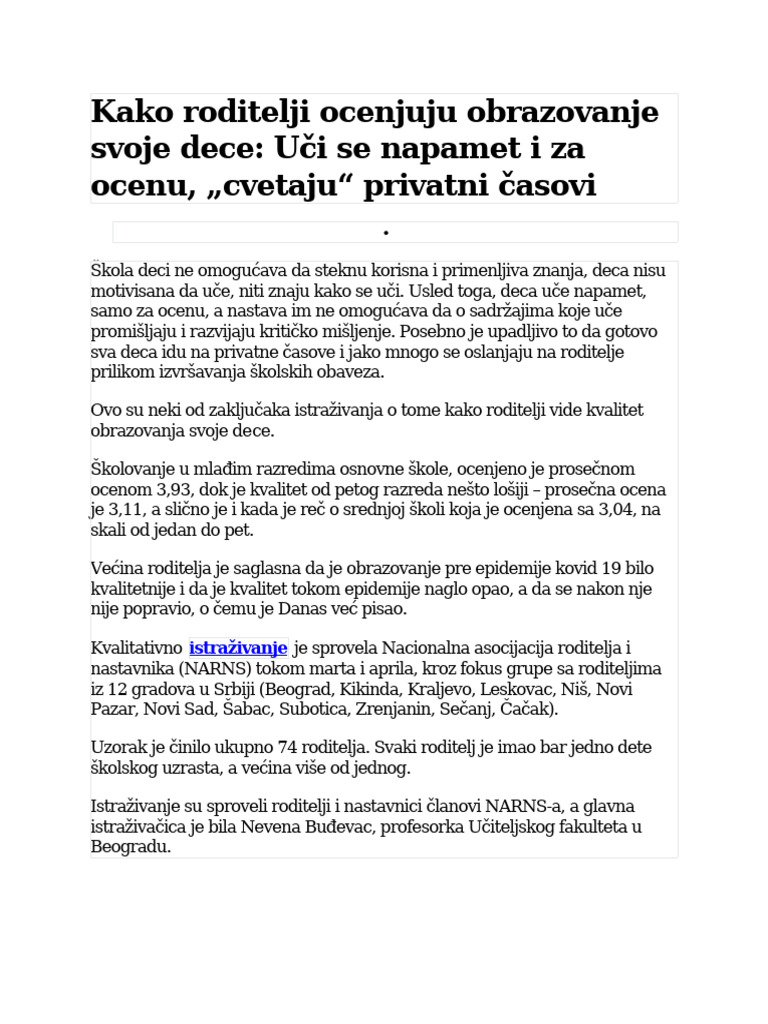 Kako Roditelji Ocenjuju Obrazovanje Svoje Dece | PDF