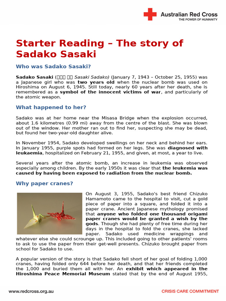 Starter Reading The Story of Sadako Sasaki | PDF