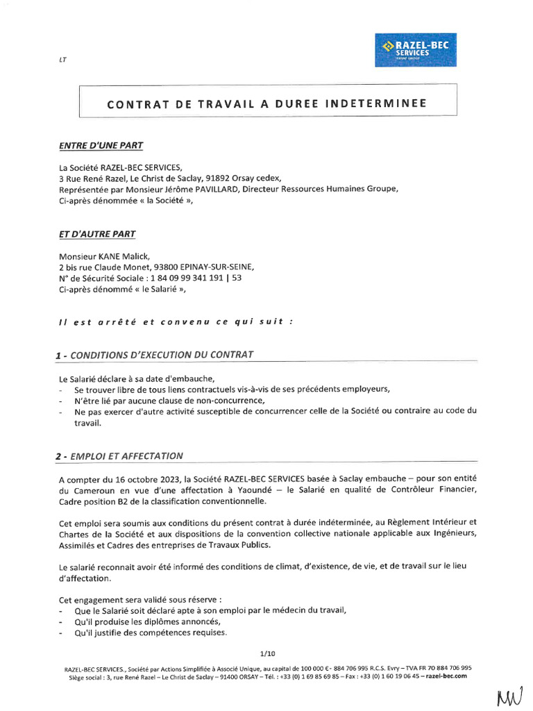 Contrat de Travail - KANE Malick - Contrôleur Financier - RBS - Cameroun - Yaoundé | PDF