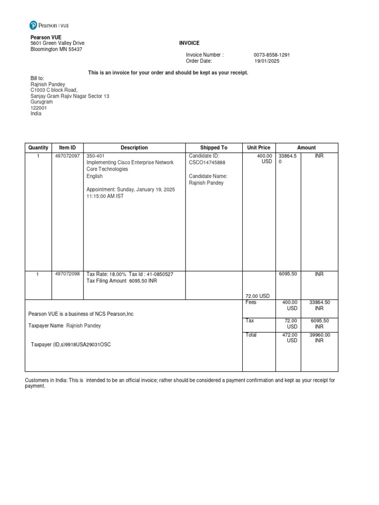 Pearson VUE Confirmation of Payment | PDF | Invoice | Receipt