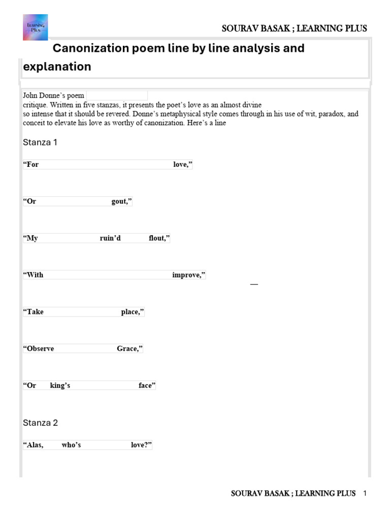 Canonization Poem Line by Line Analysis and Explanation | PDF | Love