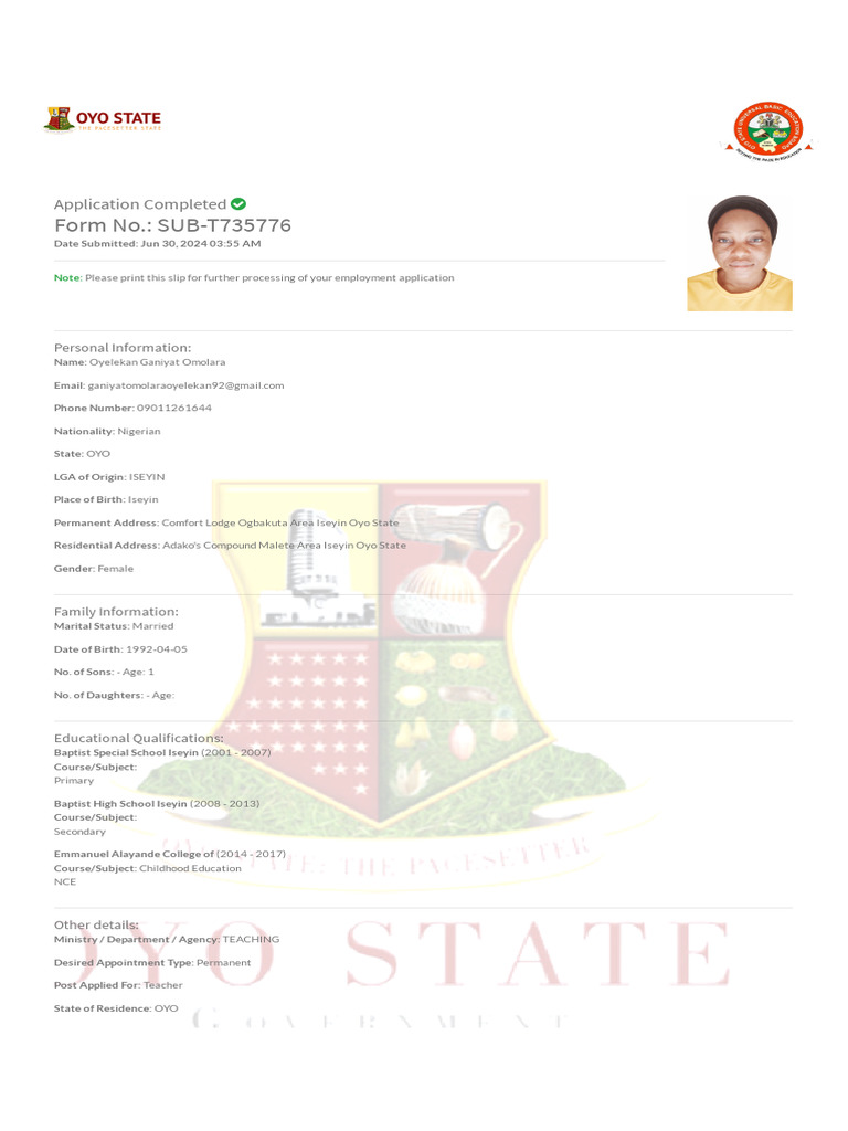 Application Successful! - Oyo State Job Portal | PDF