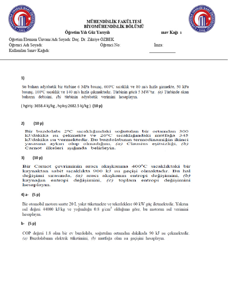 Termodinamik Final Sinav Sorulari 12 - 01 - 2021 | PDF